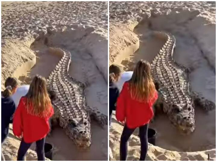 Sand artist made replica of crocodile on sand | सैंड आर्टिस्ट ने रेत पर ...