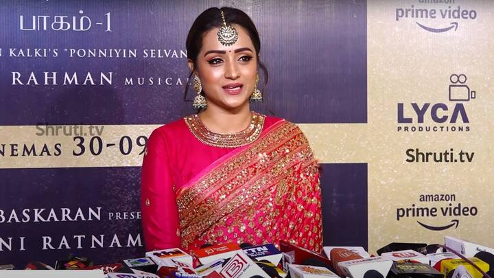 PS 1 Audio Launch Actress Trisha Photos in Pink Saree Ponniyin Selvan ...