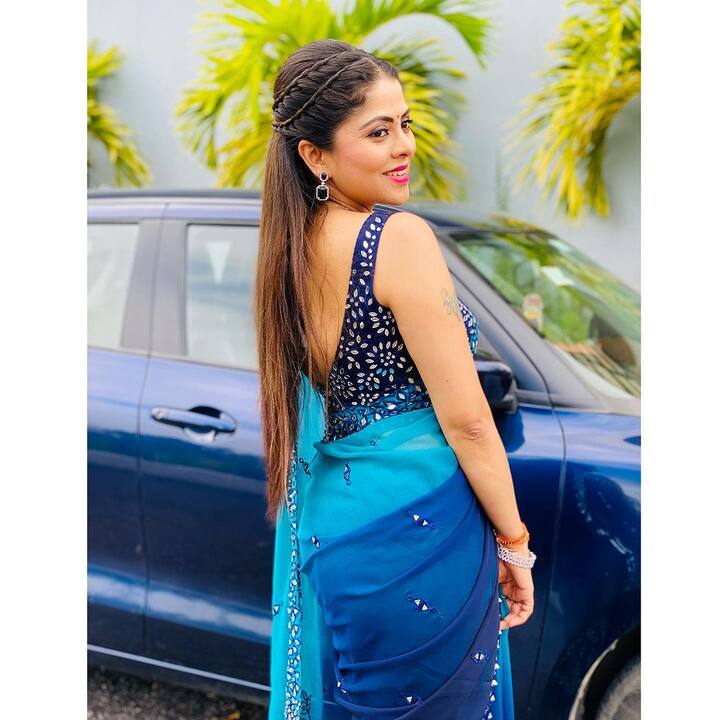 Brahmamudi Serial rudrani alias Sharmitha Gowda blue saree photos ...