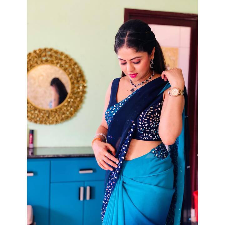 Brahmamudi Serial rudrani alias Sharmitha Gowda blue saree photos ...