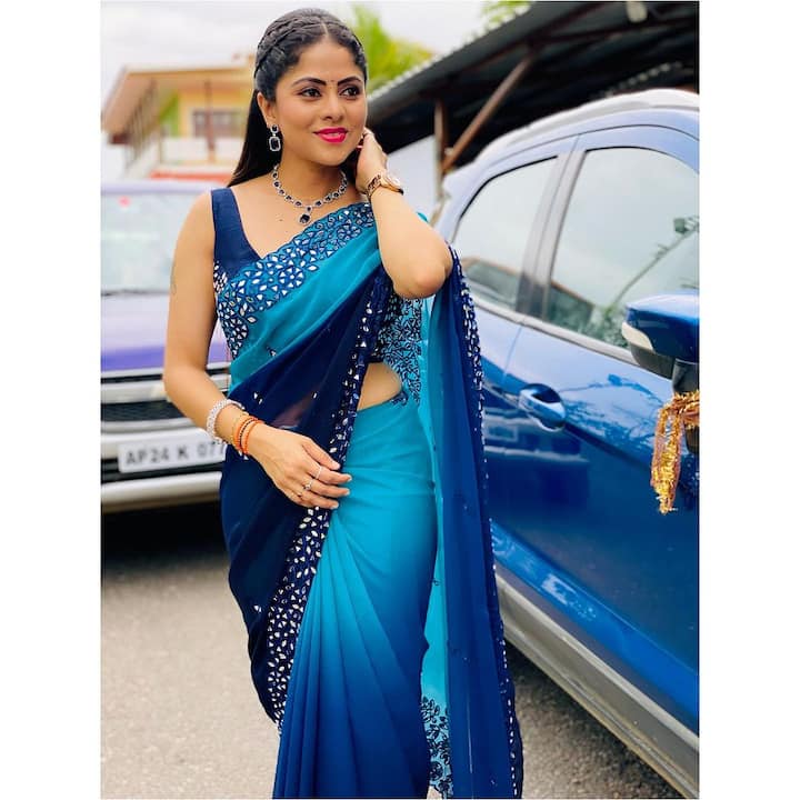 Brahmamudi Serial rudrani alias Sharmitha Gowda blue saree photos ...
