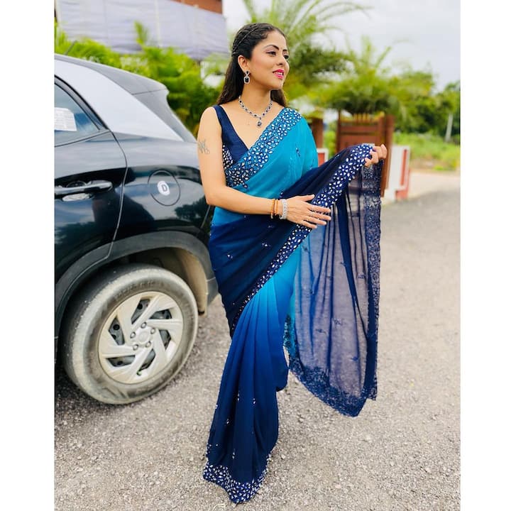 Brahmamudi Serial rudrani alias Sharmitha Gowda blue saree photos ...