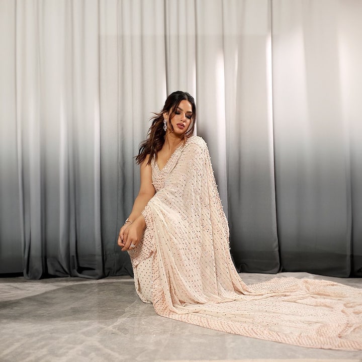 Harnaaz Sandhu Poses In a Mint-Coloured Embroidered Saree