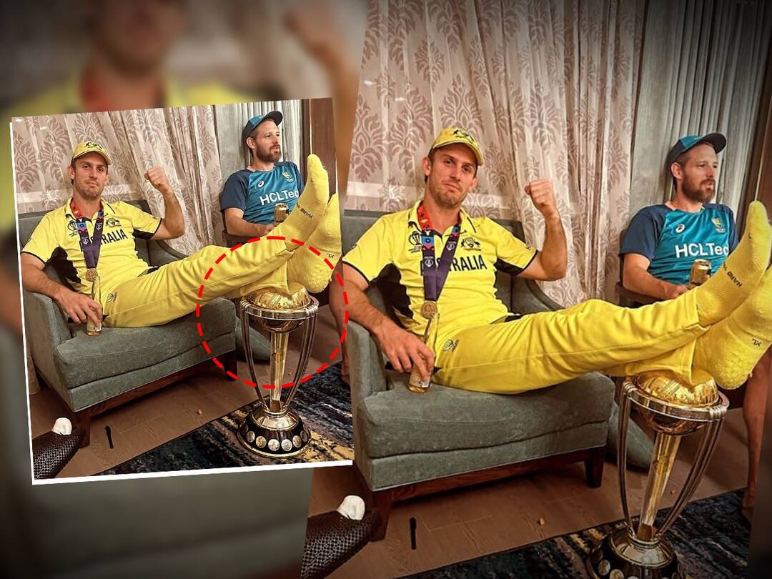 World Cup 2023 IND vs AUS Mitchell Marsh feet on the World Cup trophy ...