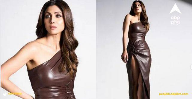 shilpa shetty giving amazing poses in brown single shoulder thigh high ...