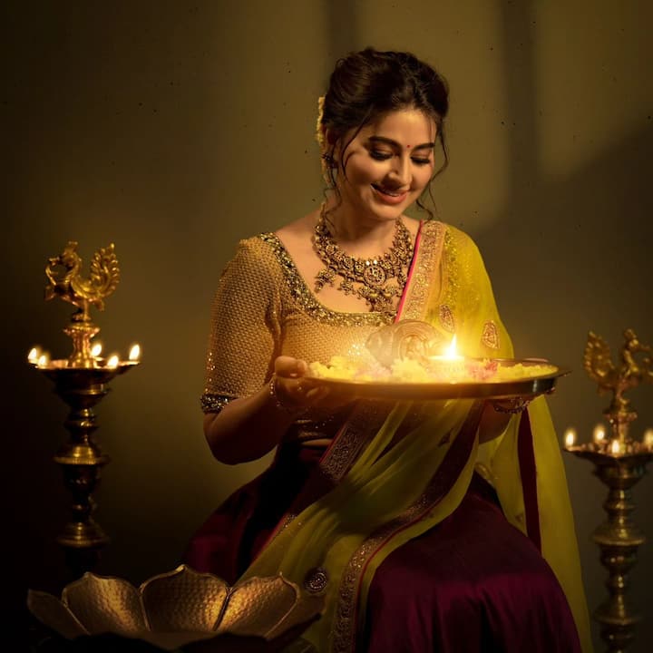 IN PICS Sneha Yellow saree Photos Sneha models for her own saree brand snehalaya silks | Sneha ...