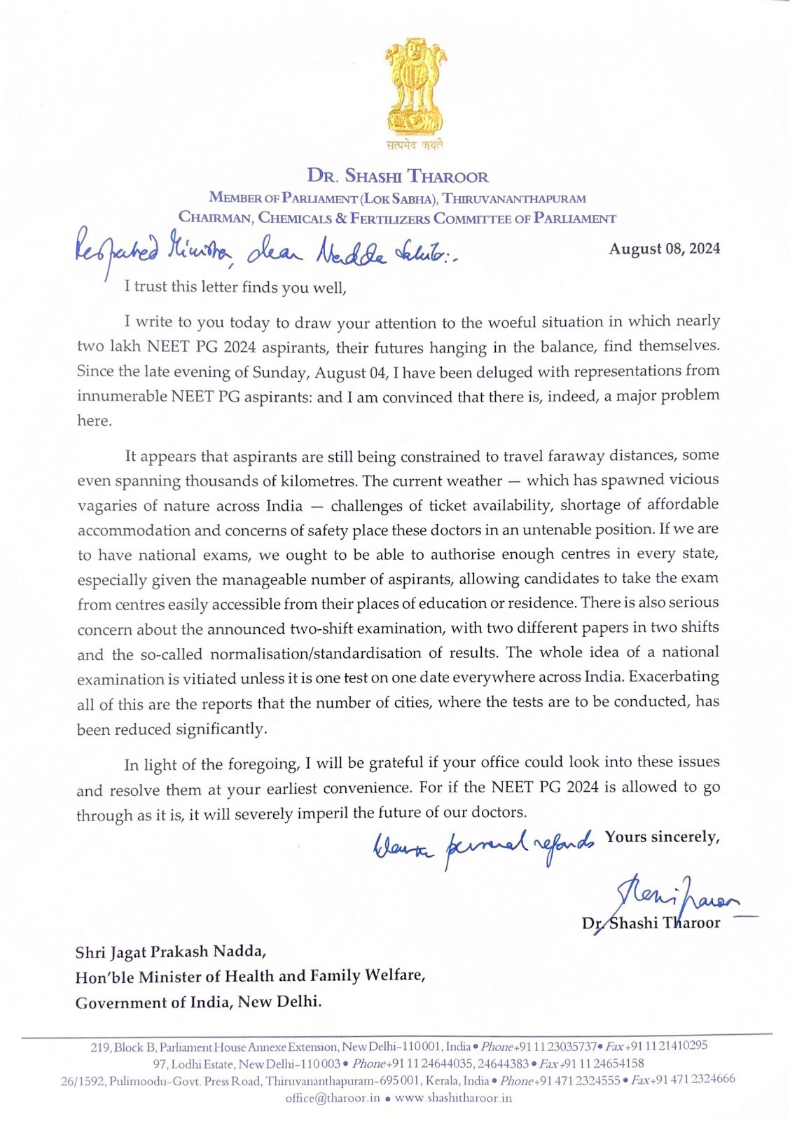 NEET PG 2024: Shashi Tharoor Writes To Nadda, Says 'Aspirants Made To ... NEET PG 2024: Shashi Tharoor Writes To Nadda, Says 'Aspirants Made To ...