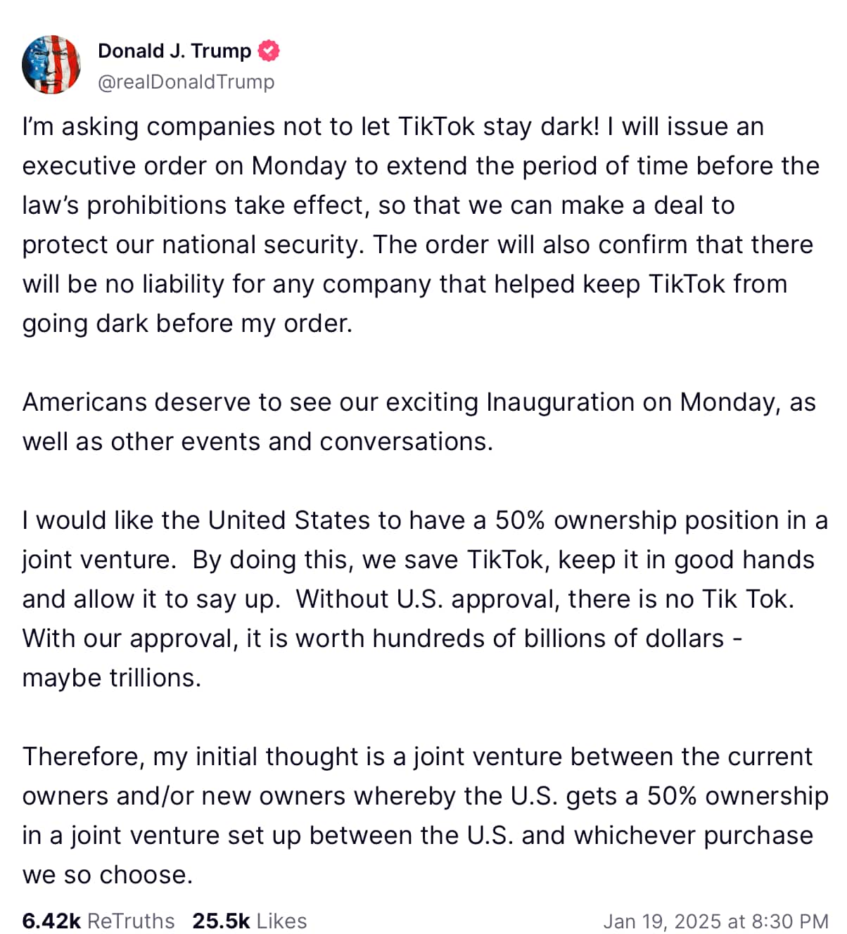 Trump Announces Executive Order To Delay TikTok Ban, Proposes '50% US ...